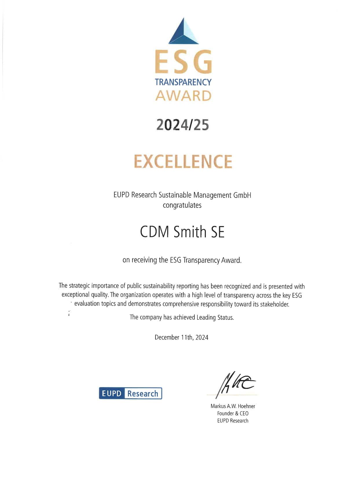CDM Smith wins ESG Transparency Award - CDM Smith